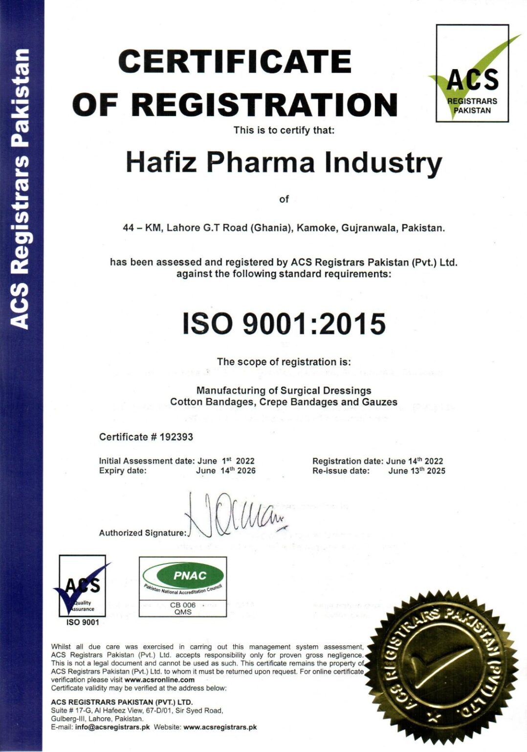 HAFIZ PHARMA INDUSTRY – ISO 90012015 – CERTIFICATE OF REGISTRATION ...