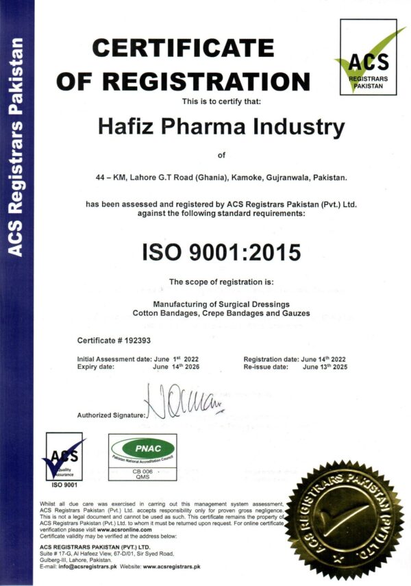 HAFIZ PHARMA INDUSTRY – ISO 90012015 – CERTIFICATE OF REGISTRATION – Hafiz Pharma Industry